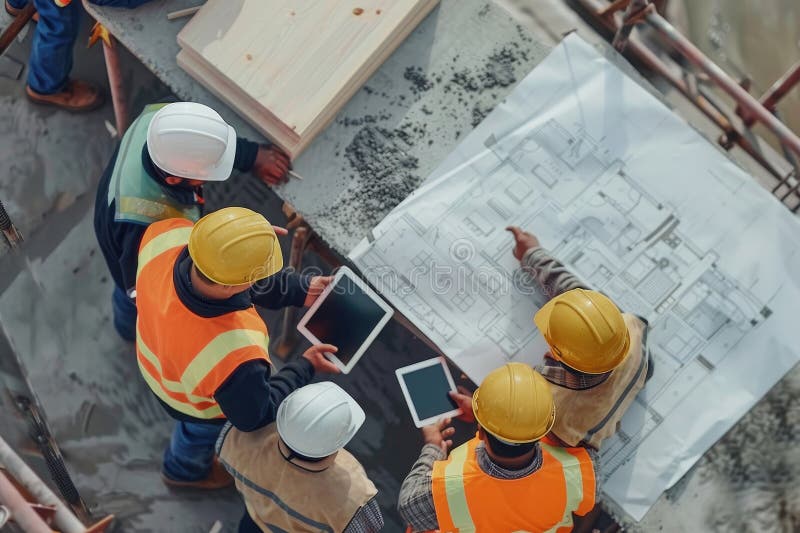 A Diverse Group of Construction Workers Using Tablets and Blueprints To ...