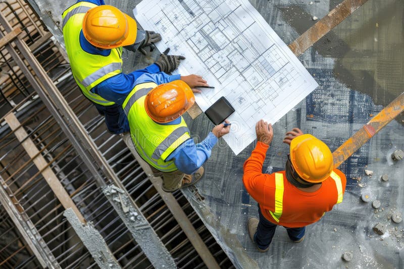 A Diverse Group of Construction Workers Using Tablets and Blueprints To ...
