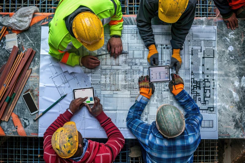 A Diverse Group of Construction Workers Using Tablets and Blueprints To ...