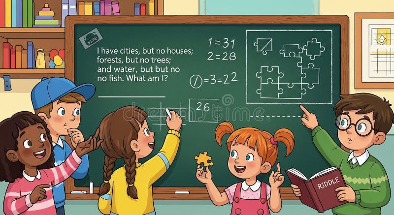Diverse Group of Curious Elementary School Students Solving Riddles and ...