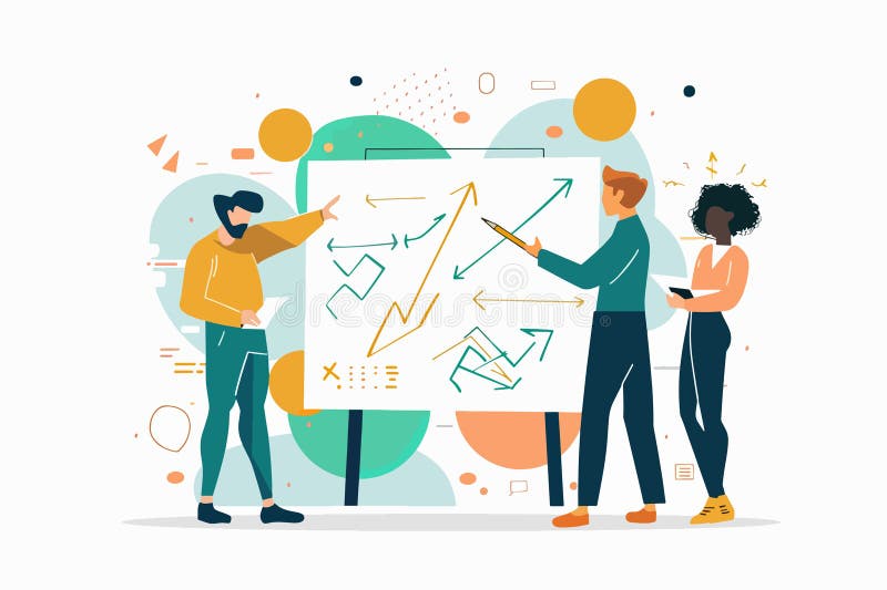 Diverse Group Discussing Strategy on Whiteboard with Colorful Arrows ...