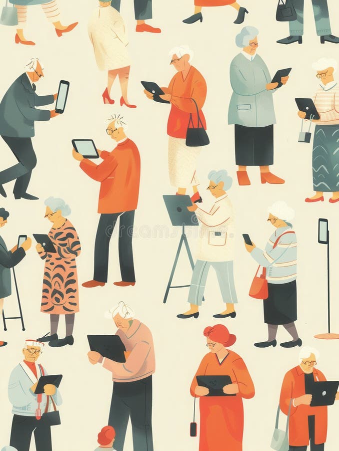 A Diverse Group of Elderly People Interacts with Tablets, Showcasing ...