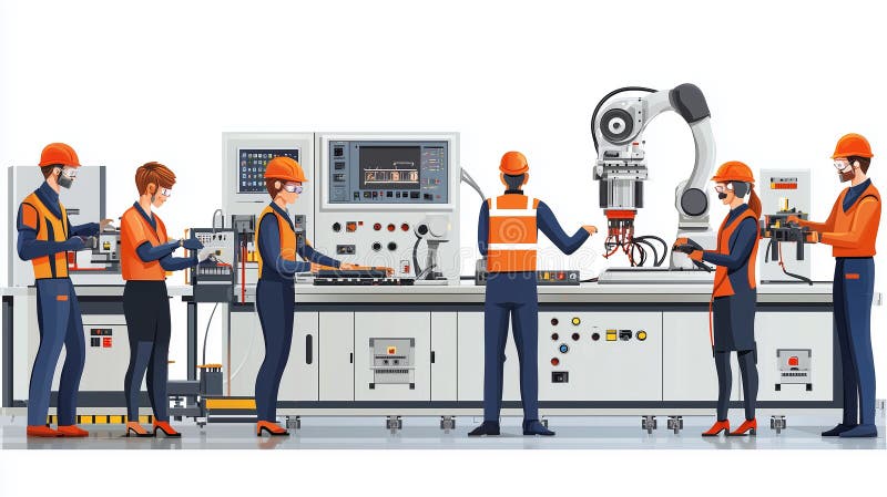 Diverse Team of Workers in a Modern Factory Setting Stock Illustration ...