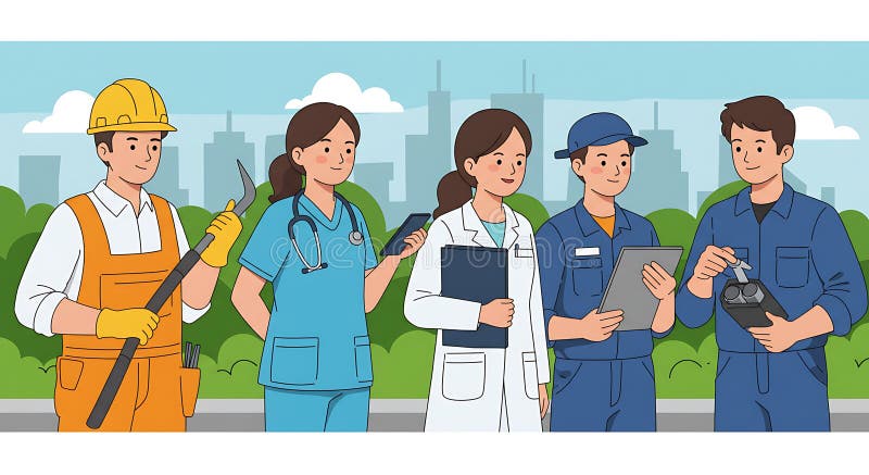 A Diverse Group of Five Professionals Stands Outdoors Against a ...