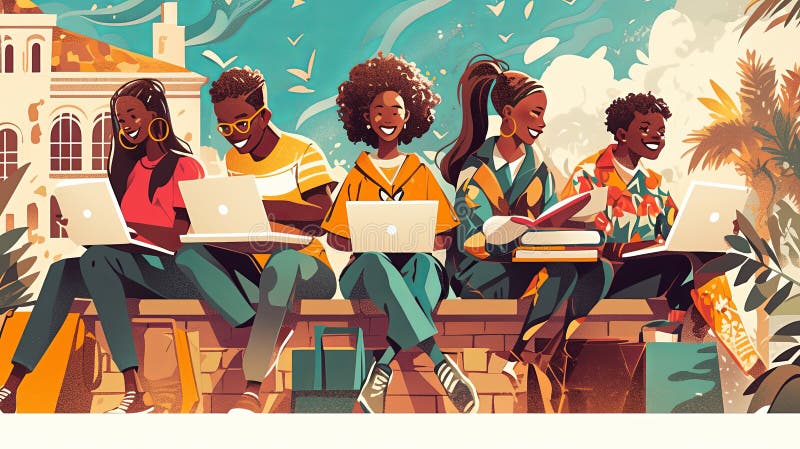 Group of Diverse College Students Studying Outdoors with Laptops Stock ...