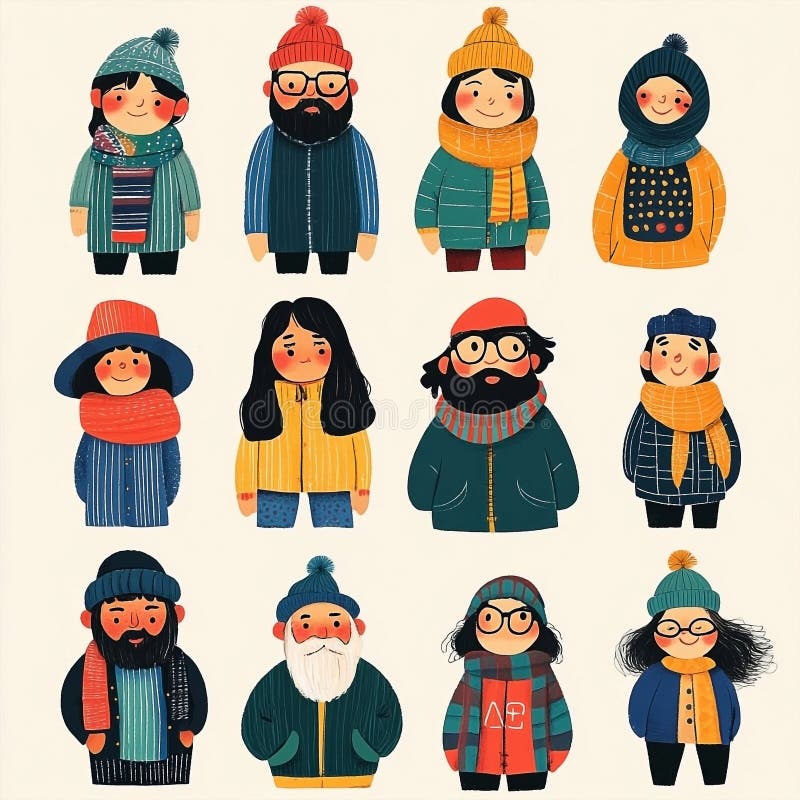 Diverse Group of Flat Stylized Winter Characters in a Pixar-inspired ...