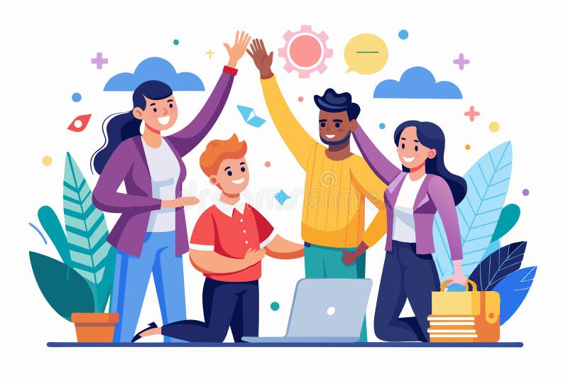 A Diverse Group of Four Colleagues Enthusiastically Gives High Fives in ...