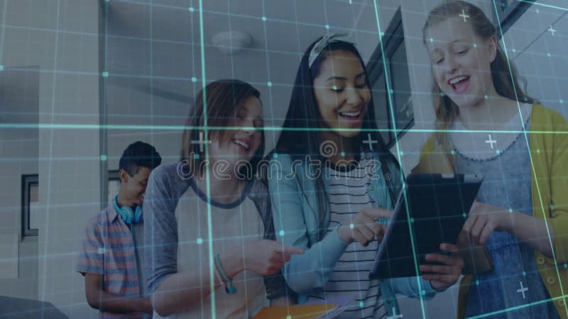 Diverse Group of Friends Using Tablet with Digital Grid Overlay ...