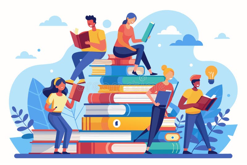 A Diverse Group Gathers Around Large Stacks of Books, Engaged in ...