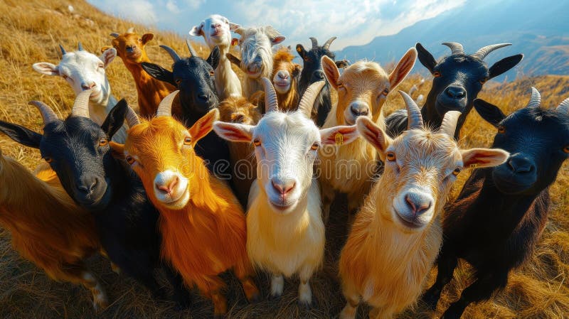 Diverse Group of Goats Gathered on a Hillside during a Sunny Afternoon ...