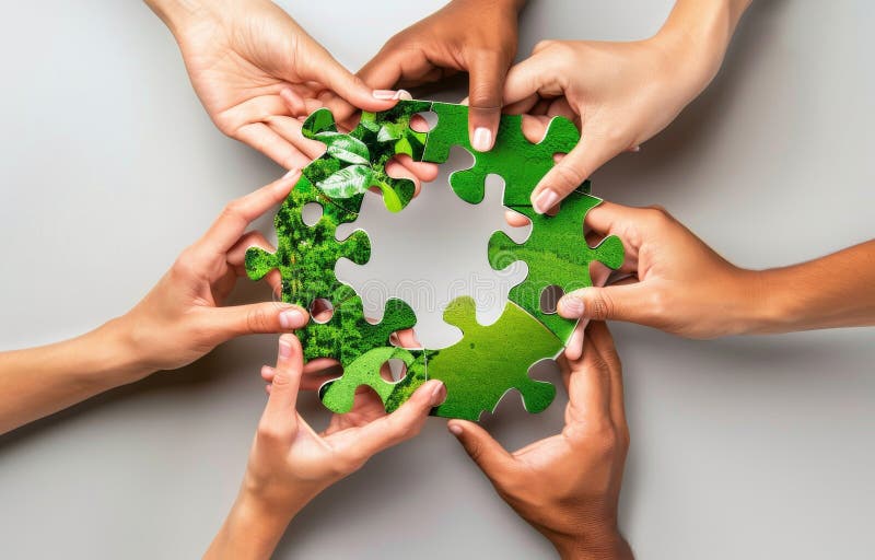 Diverse Group of Hands Holding Green Puzzle Pieces Forming a Circle ...