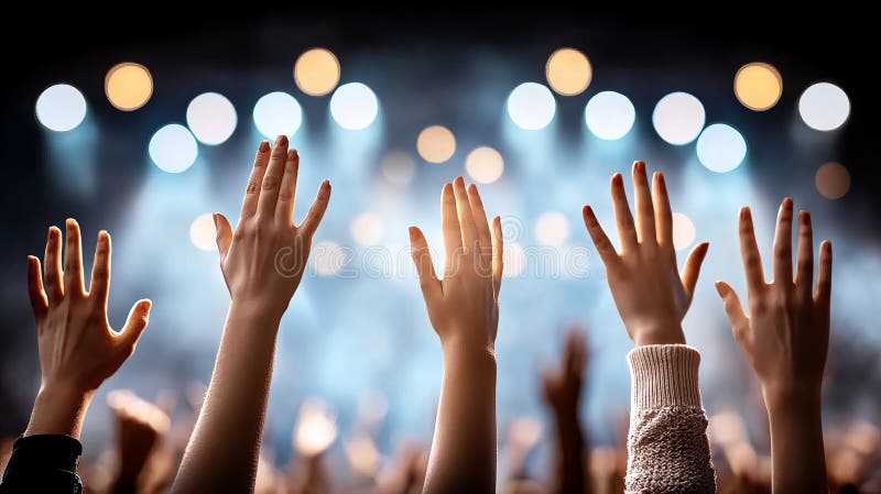 Diverse Group of Hands Raised in Celebration at Concert with Bright ...