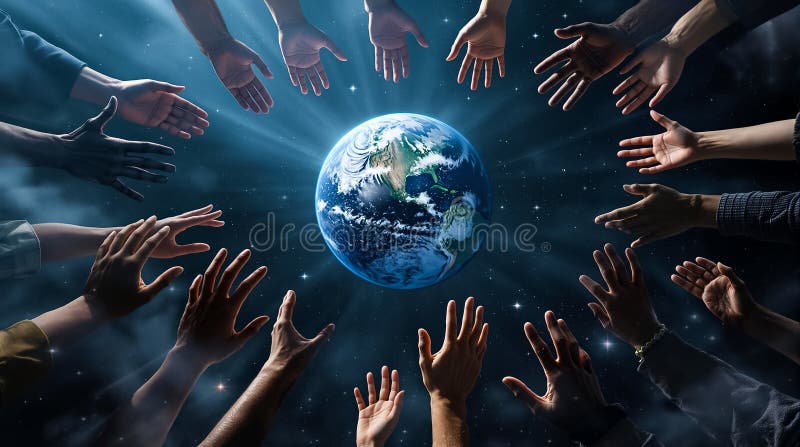A Diverse Group of Hands Reaches Out To a Bright Earth, Symbolizing ...