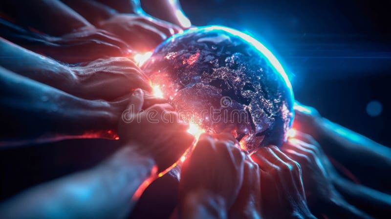 Diverse Group of Hands Reaching Toward Glowing Earth, Symbolizing Unity ...