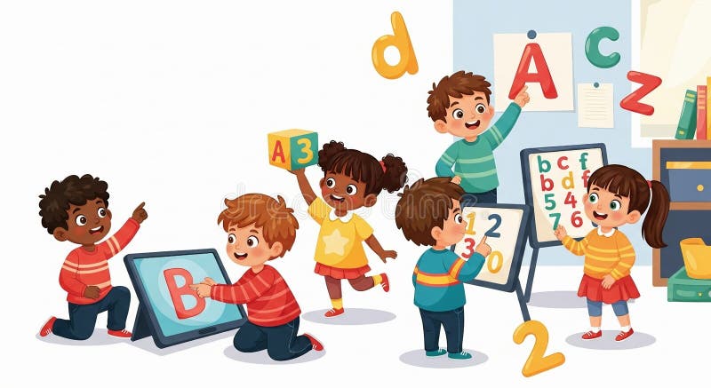 Diverse Group of Happy Children Engaged in Interactive Learning with ...