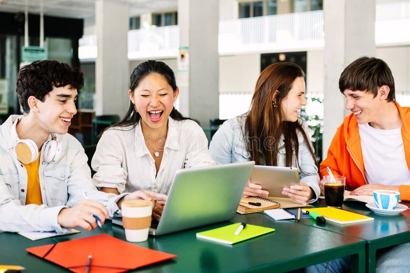 Diverse Group of Happy High School Students Studying Together on Campus Stock Image - Image of ...