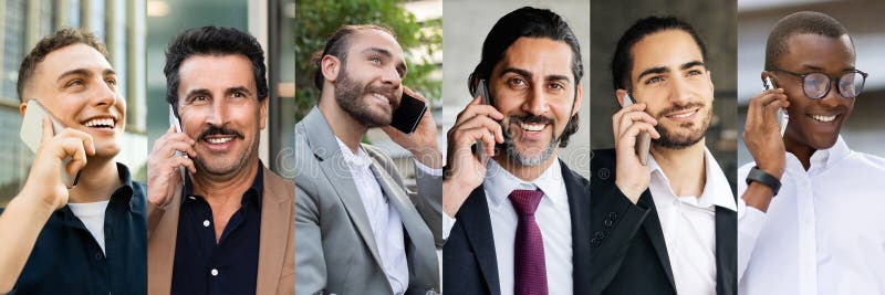Diverse Group of Happy Men Engaging in Phone Conversations Outdoors ...