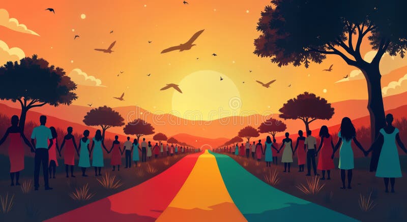 Diverse Group Holding Hands Walks Along Colorful Path People Of