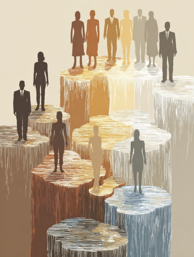 Diverse Group of Individuals Standing on Layered Platforms Representing ...