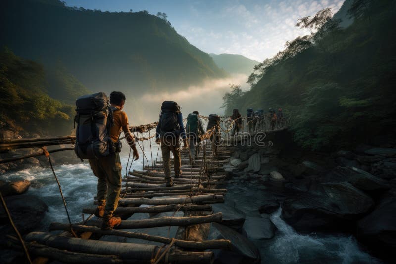 A Diverse Group of Individuals Walking Across a Bridge that Spans a ...