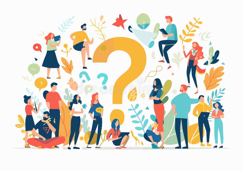 Diverse Group Interacting Around Yellow Question Mark with Decorative ...