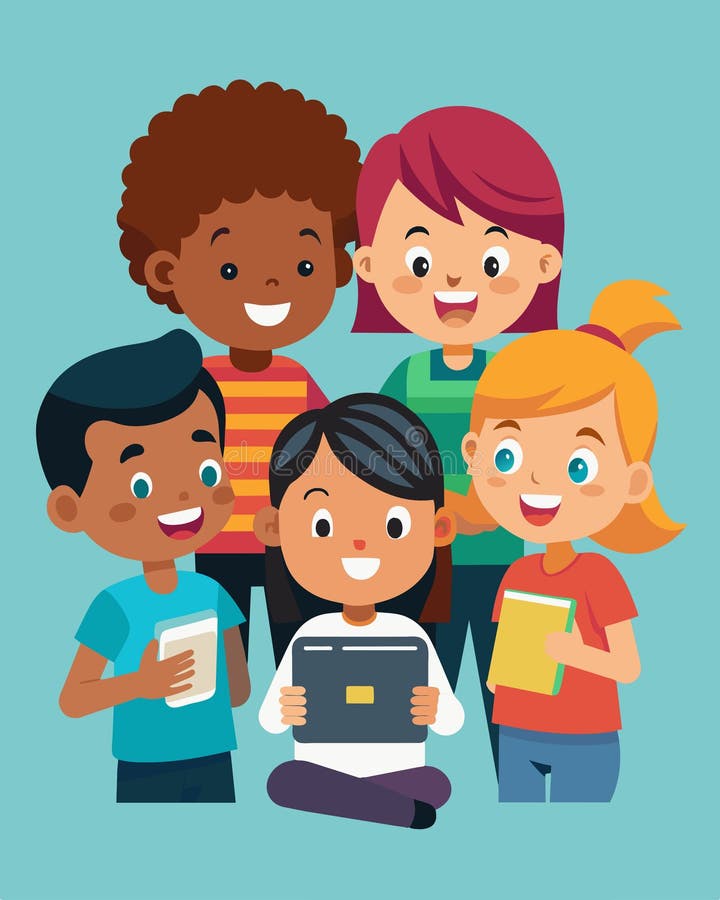 A Diverse Group of Kids Chat Excitedly As they Huddle Around a Tablet ...