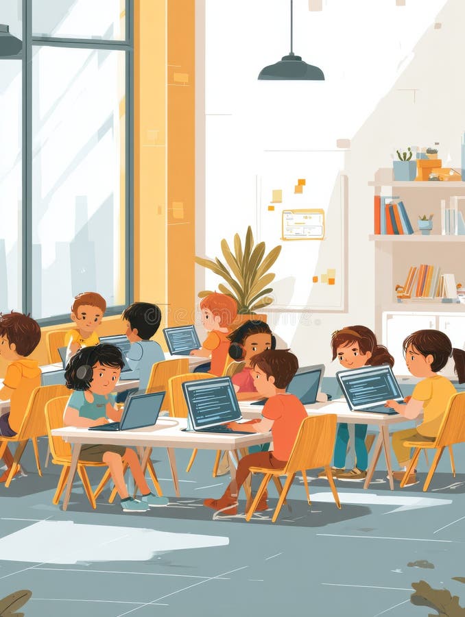 Diverse Group of Kids Engaged in Programming Activities in a Bright Coding Classroom with Ample ...