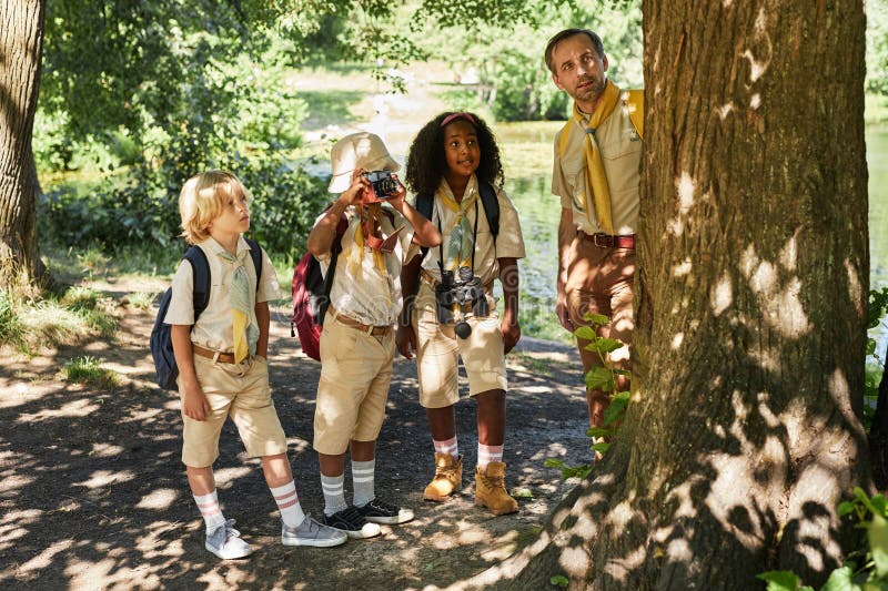Diverse Group of Little Scouts in Forest Exploring Nature Stock Image ...
