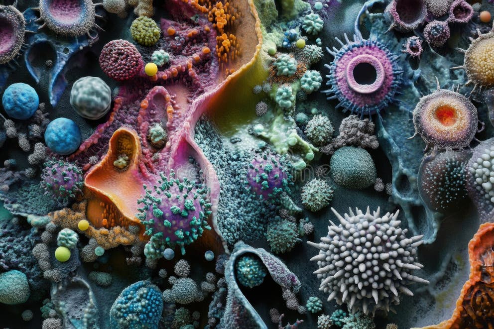 Dense Layer of Vibrant Microbes Showcasing Intricate Shapes and Colors ...
