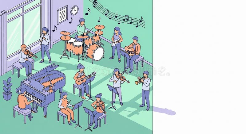 Diverse Group of Musicians Practicing Together in a Bright Room ...