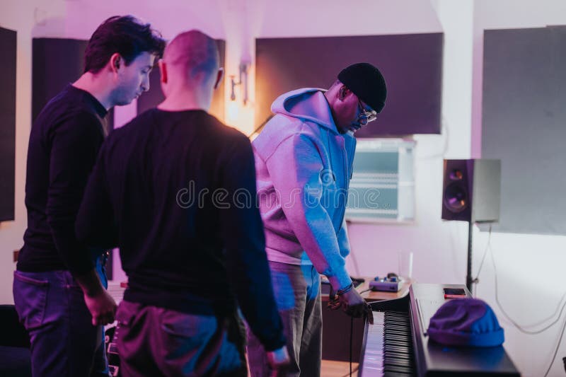 Multiracial Musicians Collaborating on a Project in a Modern Recording ...