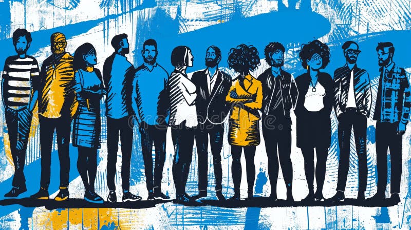 Diverse Group of People in Artistic Urban Blue and Orange Graffiti ...