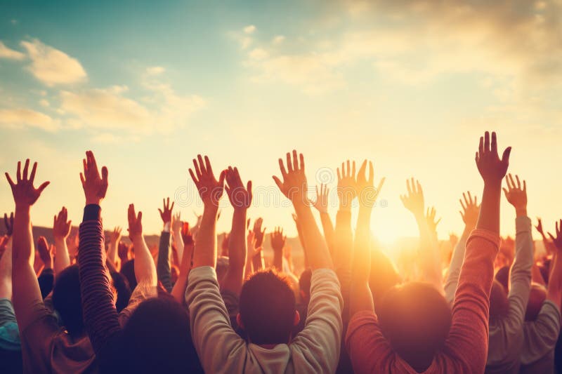 A Diverse Group of People Celebrating with Their Hands in the Air Stock ...