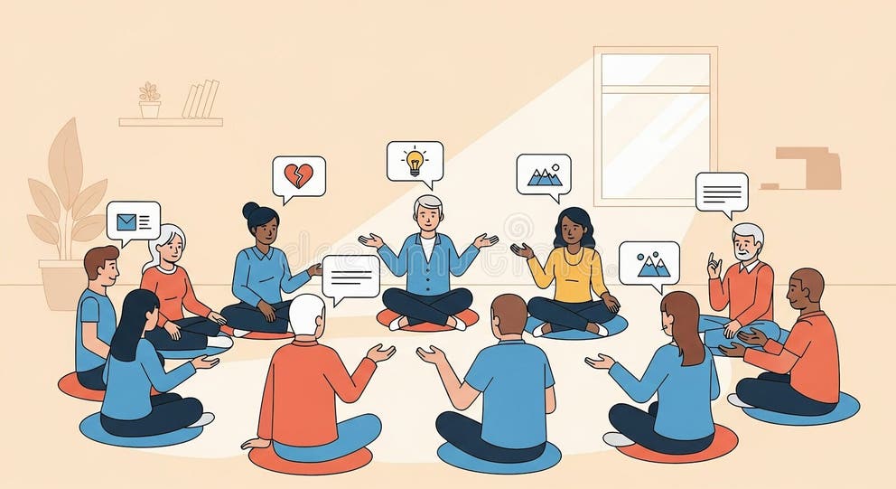 A Diverse Group of People in a Circle Discuss Ideas, Share Thoughts ...