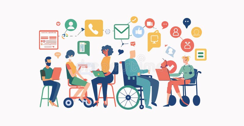 Diverse Group of People Collaborate Online, Using Laptops and Assistive ...