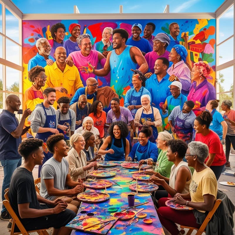 Diverse Group of People Collaborating on a Large Mural, Community ...