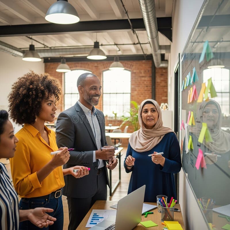 Diverse Group of People Collaborating in an Office with Sticky Notes on ...
