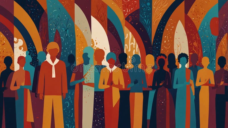 Diverse Group of People in Colorful Abstract Art Style with Arched ...