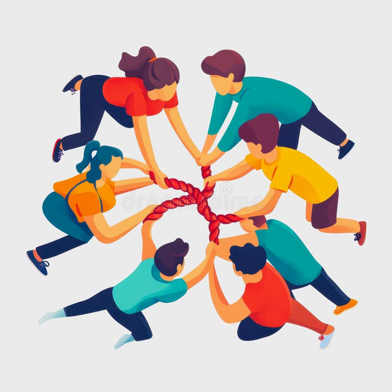 Diverse Group of People Engaged in Teamwork Pulling a Red Rope Together ...