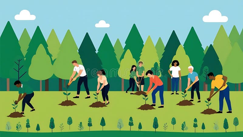 Diverse Group of People Engaging in Tree Planting Activity in a Lush ...