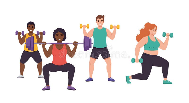 Diverse Group of People Exercising with Weights Stock Illustration ...