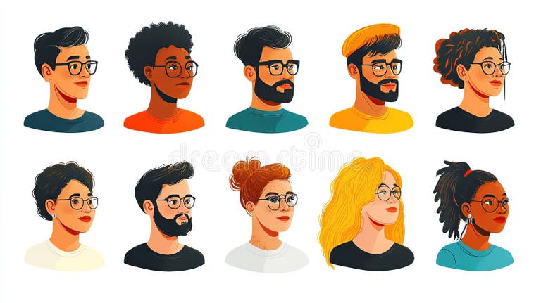 Diverse Group of People with Glasses, Profile Views, Illustration Stock ...