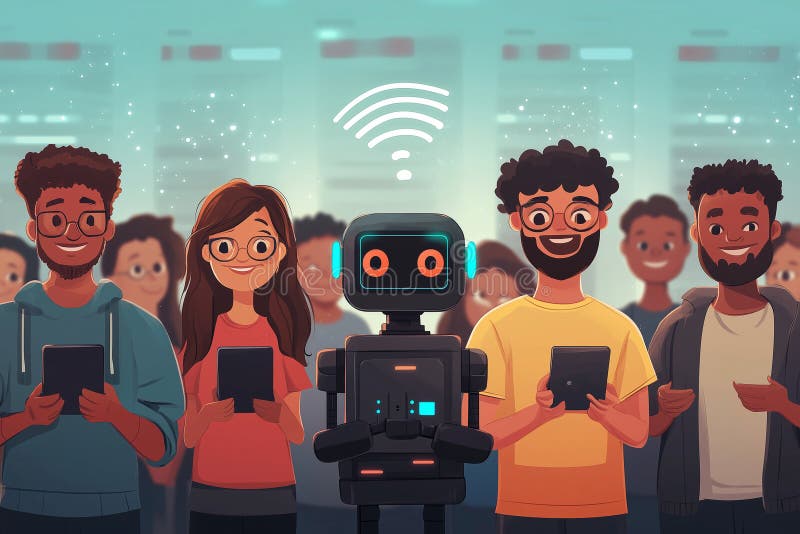 Diverse Group of People, Including Robot, Engaging with Technology in ...