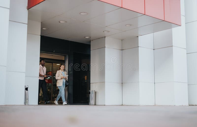 Multicultural Business Team Exiting Modern Building after Meeting Stock ...
