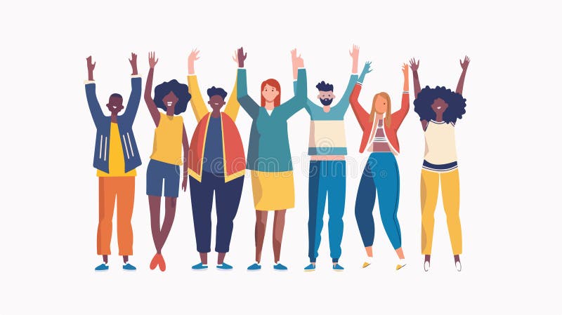 Diverse Group of People Lift Hands in Colorful Unity Stock Illustration ...