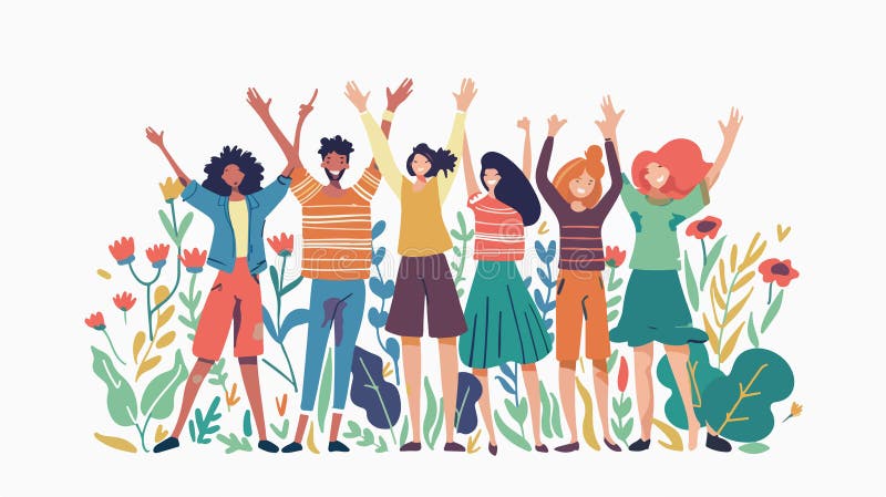 Diverse Group of People Lift Hands in Colorful Unity Stock Illustration ...