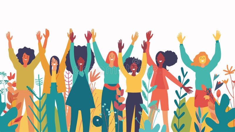 Diverse Group of People Lift Hands in Colorful Unity Stock Illustration ...
