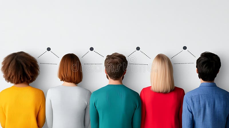 Diverse Group of People in Line with Connecting Lines on White ...