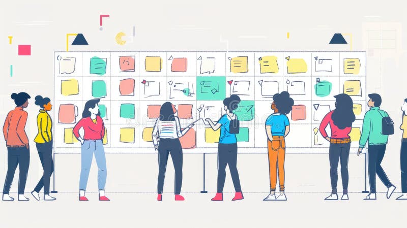 Diverse Group of People Looking at a Large Board with Sticky Notes on ...