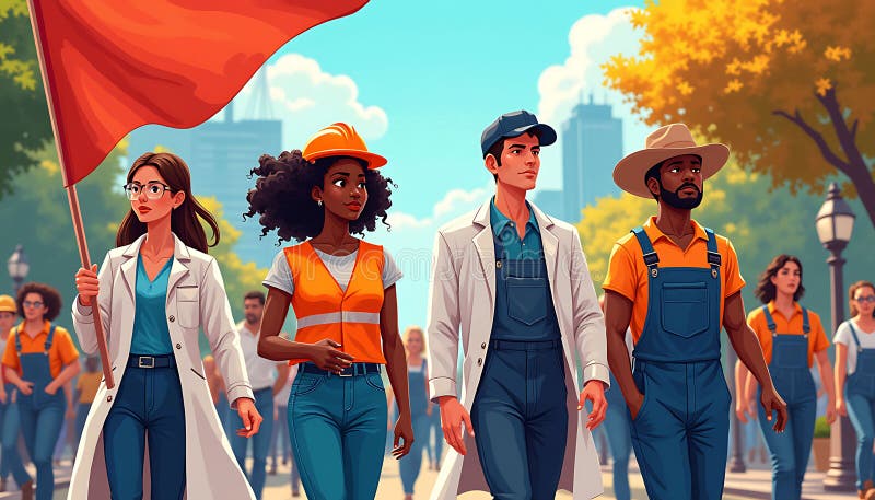 Diverse Group of People Marching with a Red Flag and Wearing Different ...